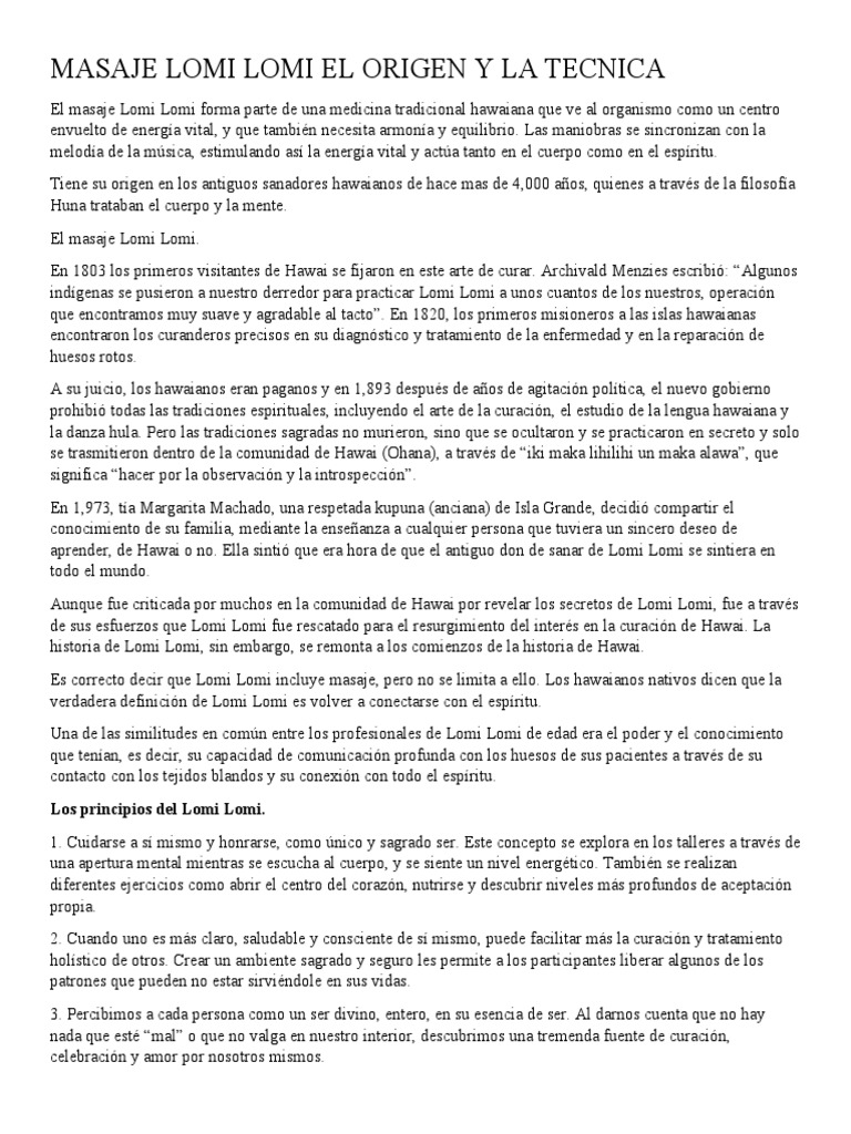 Masaje Lomi Lomi El Origen y La Tecnica | PDF | Masaje | Medicina CLINICA