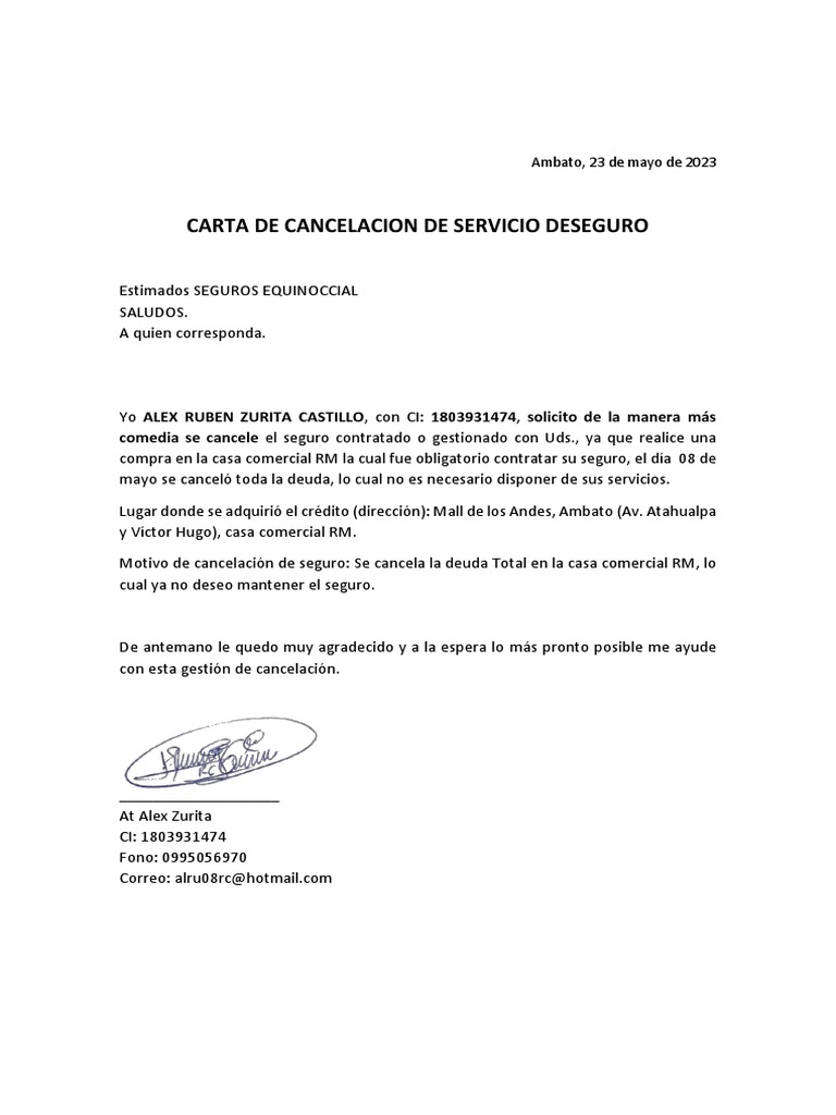 Carta de Cancelacion de Servicio Deseguro | PDF | Finanzas y dinero | Derecho