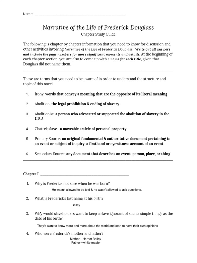 Douglass Narrative Chapter Study Guide | PDF | Frederick Douglass ...