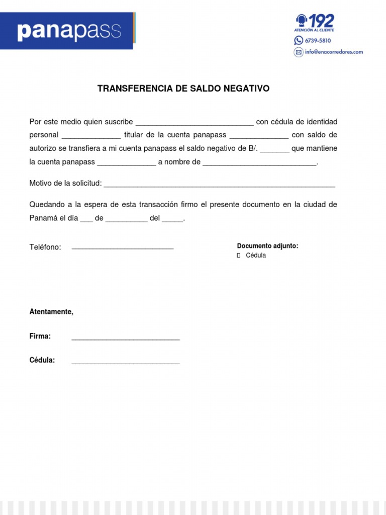 Solicitud de Traspaso de Saldo Negativo | PDF