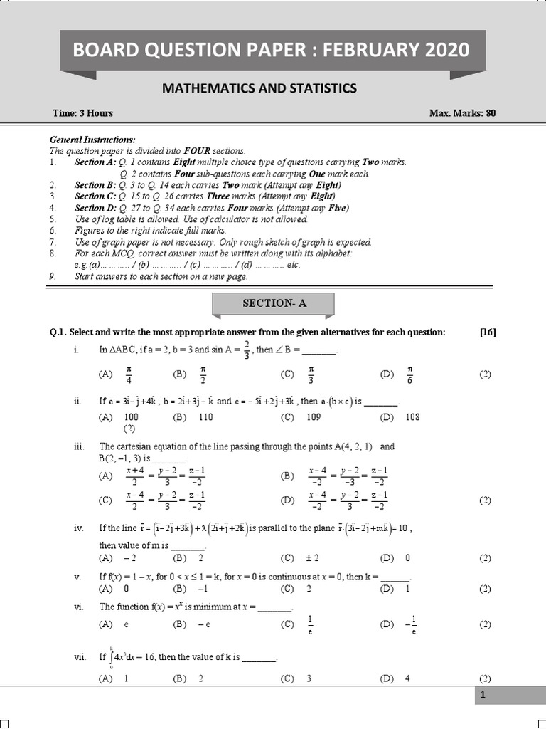 Mathematics March 2020 STD 12th Science HSC Maharashtra Board Question Paper | Download Free PDF ...