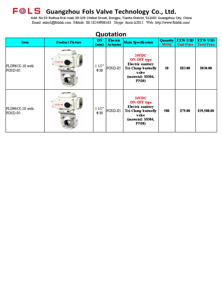 FOLS Quotation ON-OFF Type Electric Sanitary Butterfly Valve | PDF ...