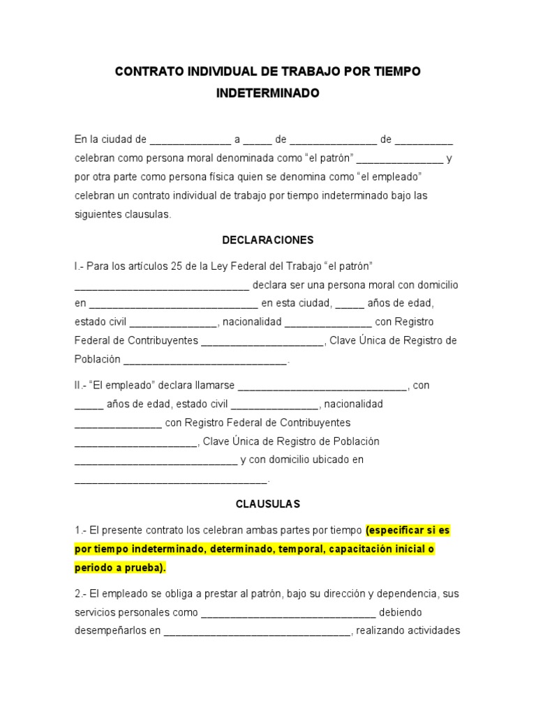 Contrato Individual de Trabajo Por Tiempo Indeterminado | PDF | Salario | Economias