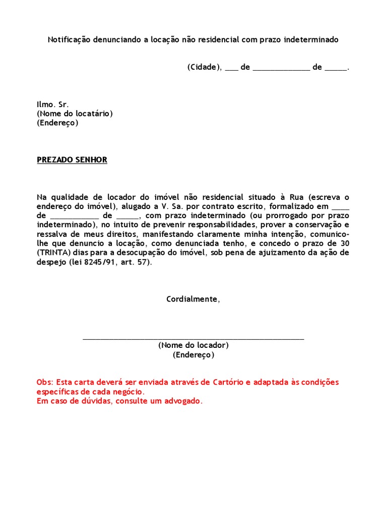 Notificacao Denunciando A Locacao Nao Residencial Com Prazo