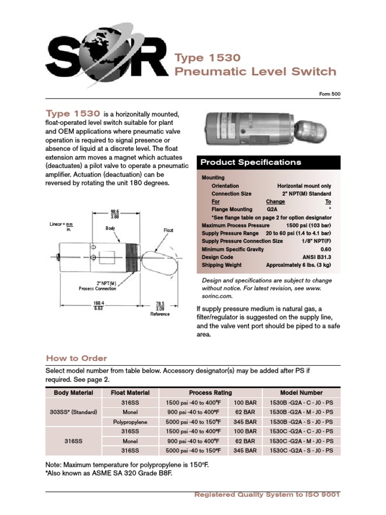 Pneumatic Level Switch: Type 1530 | PDF