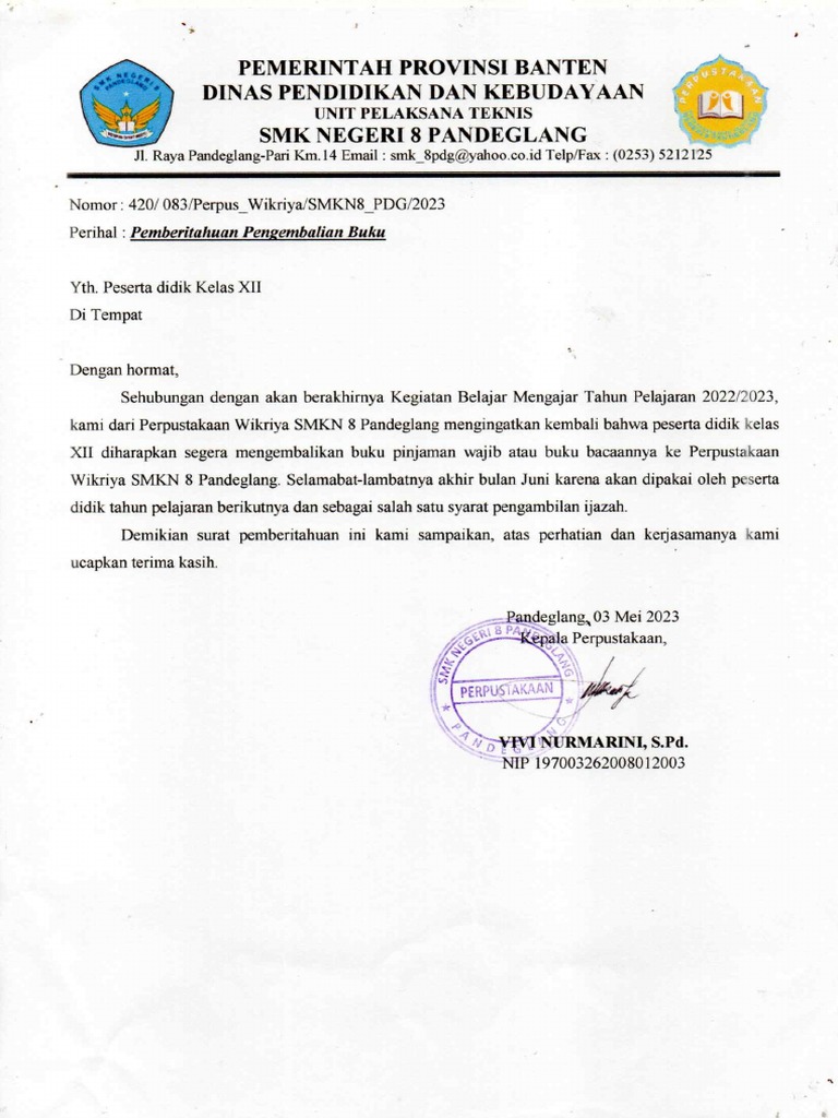Surat Pengembalian Buku PDF | PDF