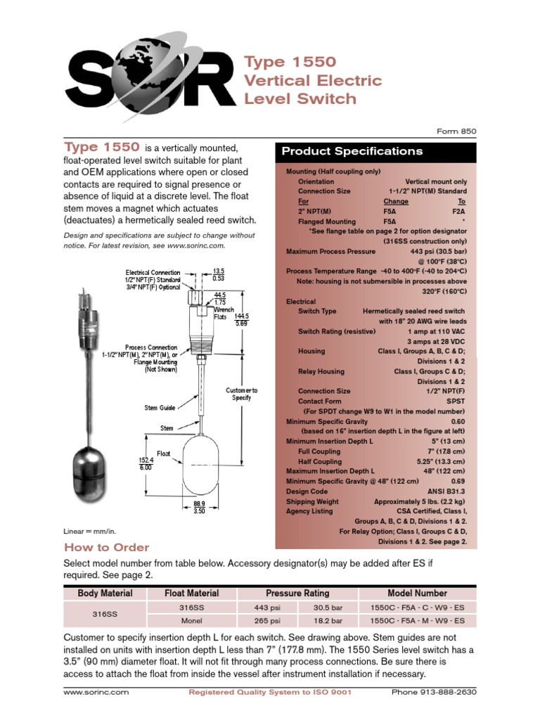 Type 1550 Vertical Electric Level Switch | PDF | Relay | Switch
