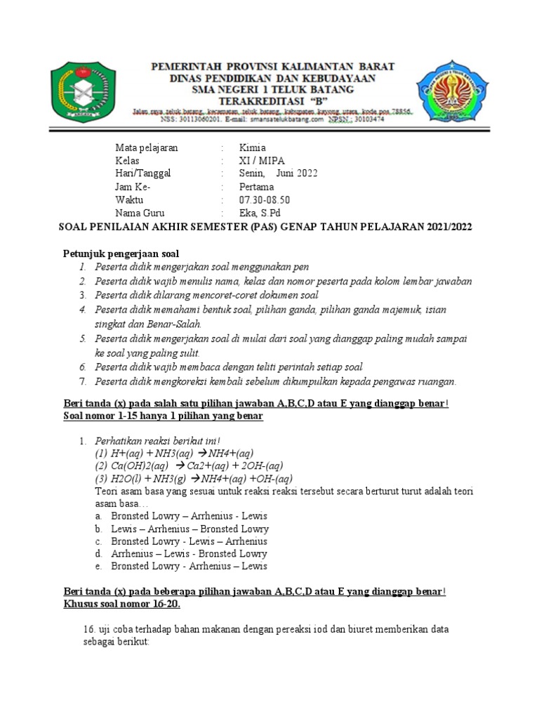 Contoh Format Soal Penilaian Akhir Semester Genap | PDF