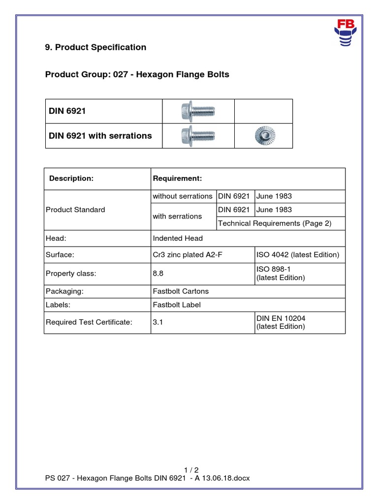 PS 027 Hexagon Flange Bolts DIN 6921 A 13.06.18 | PDF | Mechanical ...