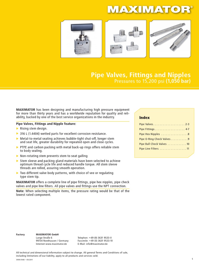 MAXIMATOR Valves & Fittings Catalogue | PDF | Pipe (Fluid Conveyance ...