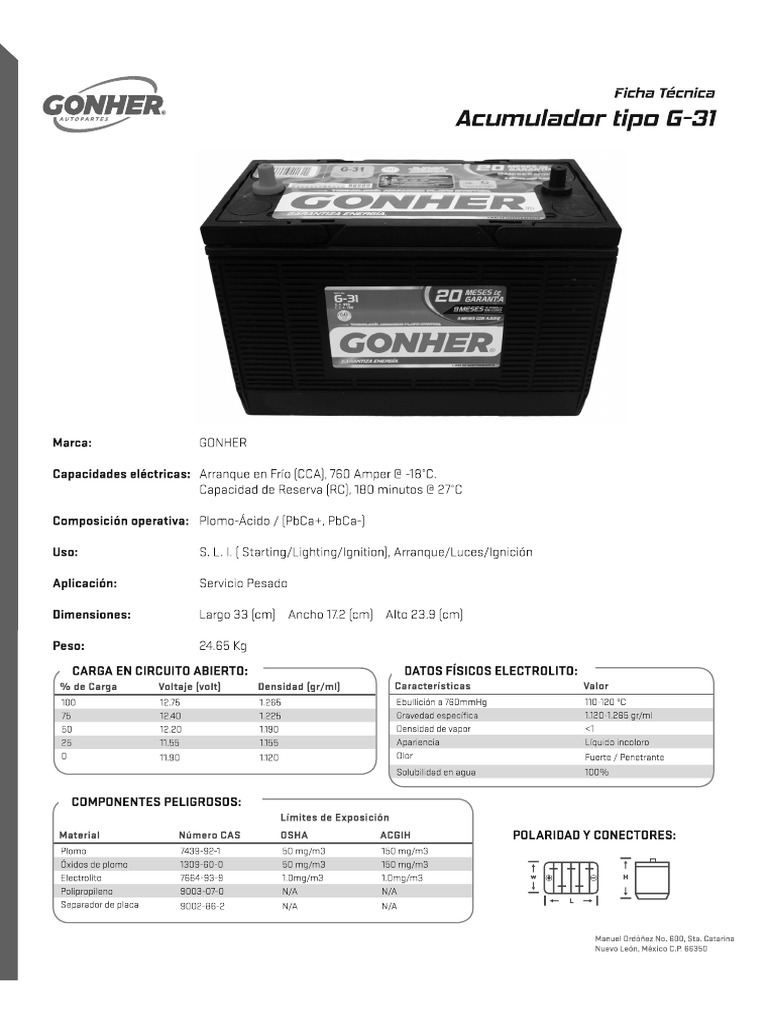Ficha Tecnica Acumulador G-31 | PDF