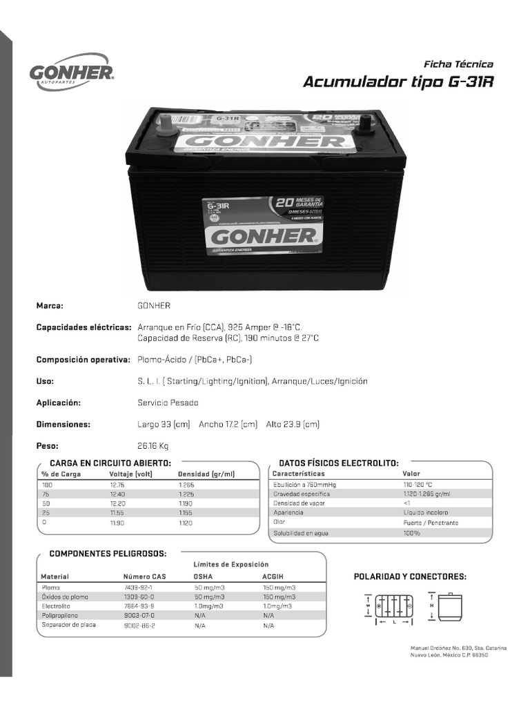 Ficha Tecnica Acumulador G-31R | PDF
