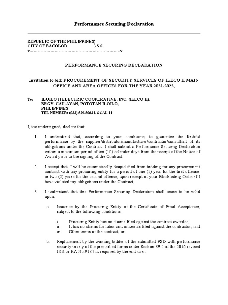 Performance Securing Declaration for ILECO II | PDF | Government ...