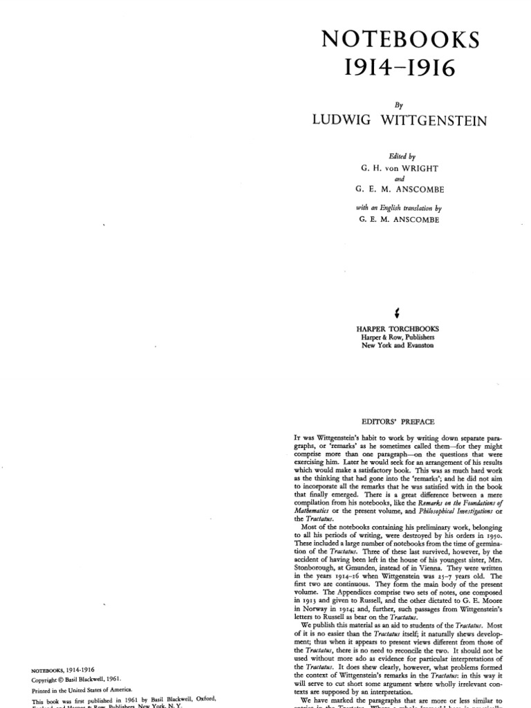 (Ludwig Wittgenstein) Notebooks, 1914-1916 | PDF
