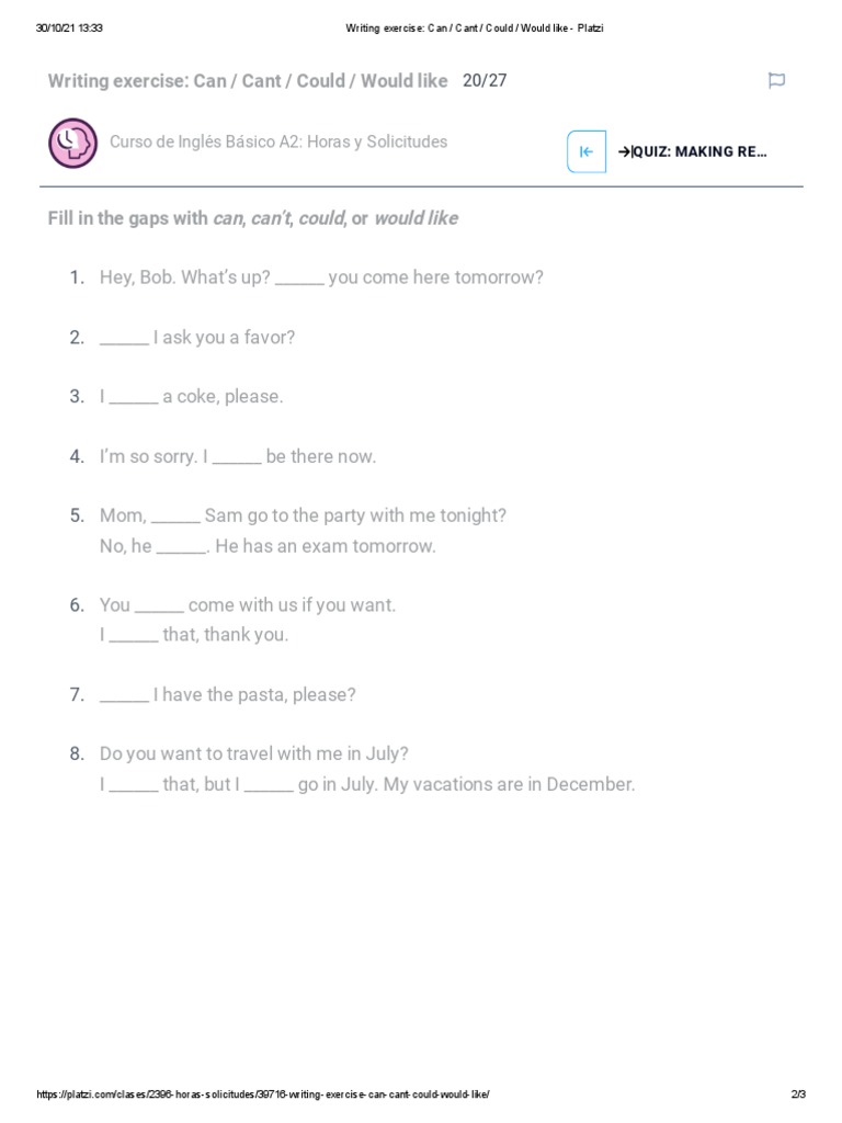 Writing Exercise: Can, Can't, Could, Would | PDF | Syntax | Linguistic ...