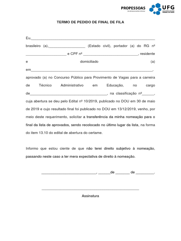 Termo de Pedido de Final de Fila 10 2019 | PDF
