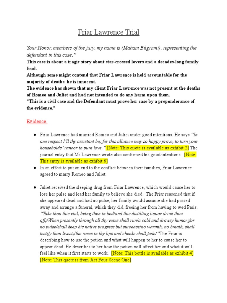Friar Lawrence Trial | PDF | Characters In Romeo And Juliet | Romeo And ...