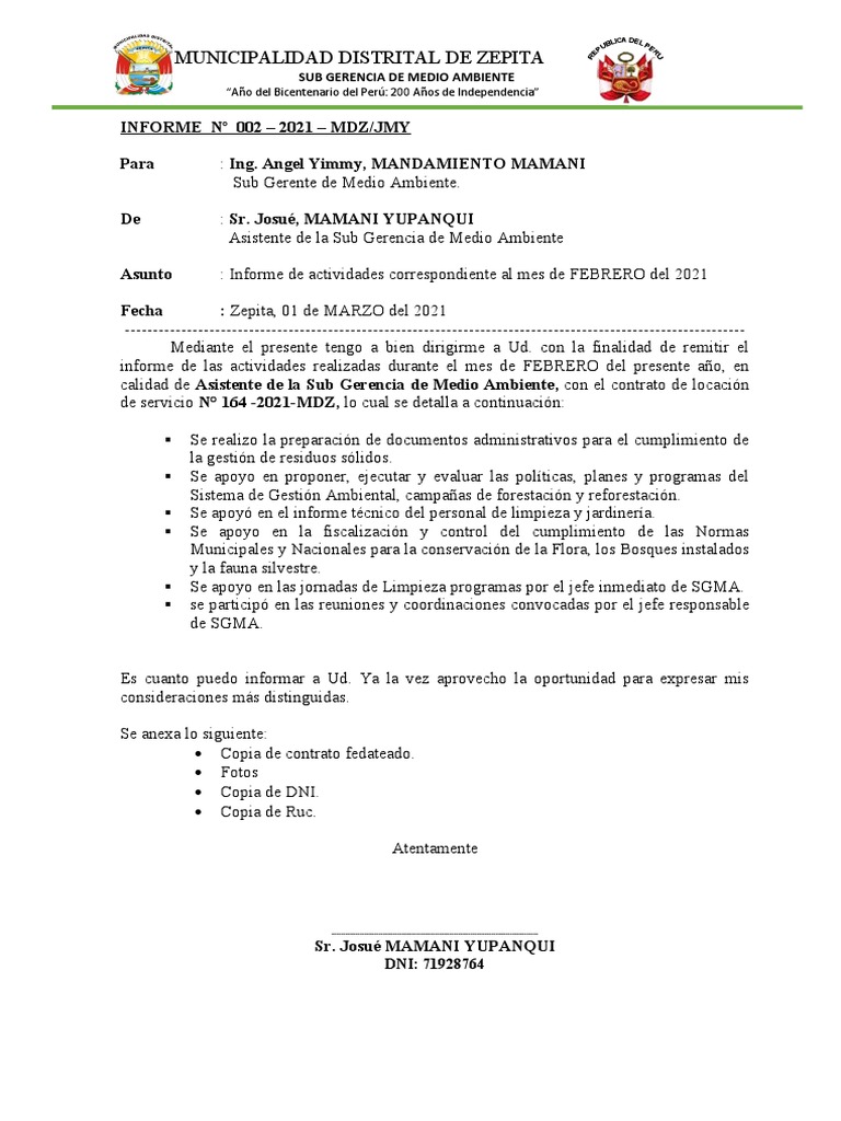 Informe N 001 Asistente 2021 | PDF | Entorno natural