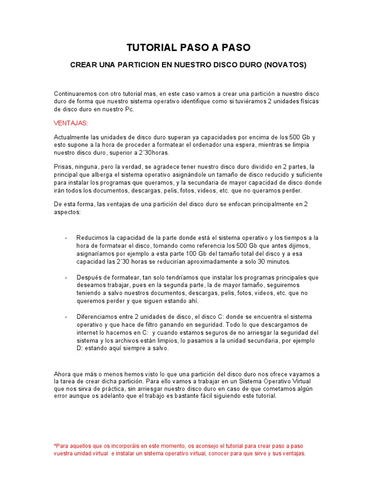 Tutorial Paso A Paso Crear Una Particion en Nuestro Disco Duro (Novatos) | PDF | Disco duro ...