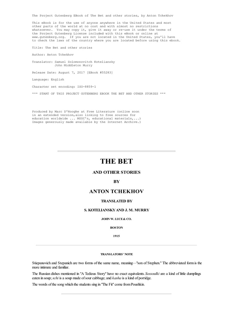 The Bet and Other Stories by Anton Tchekhov | PDF | Project Gutenberg ...