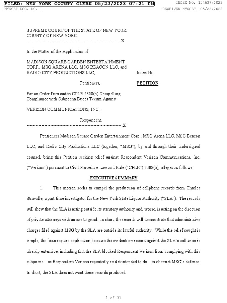 Madison Square Garden Entertainment Corp. Et Al v. Verizon ...