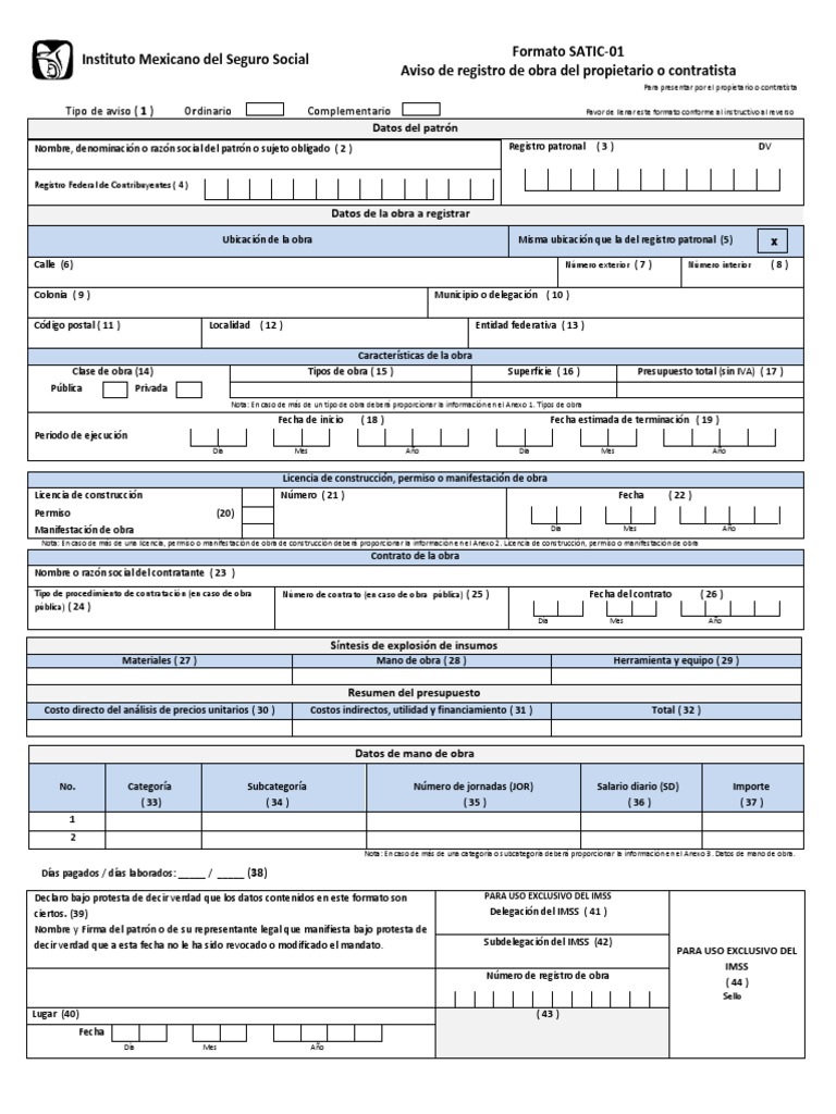 Aviso de Registro de Obra SATIC-01 | PDF | Presupuesto