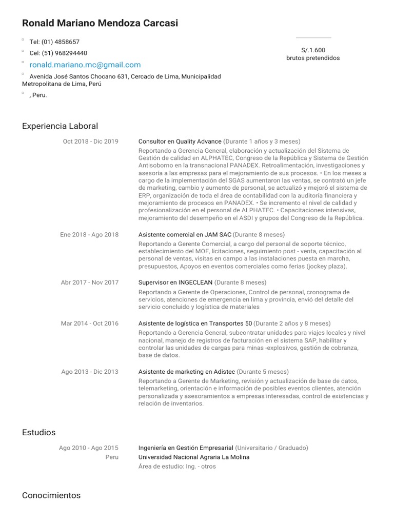 CV Ronald Mariano Mendoza Carcasi | PDF | Economias | Negocios económicos