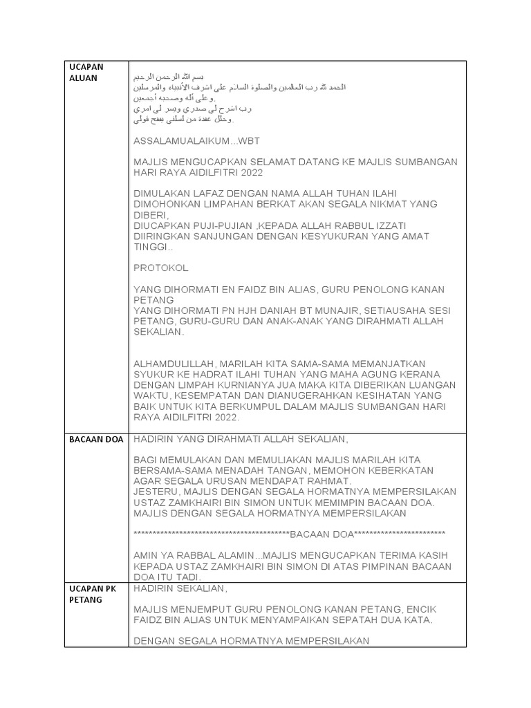 Teks Emcee Majlis Sumbangan Hari Raya Aidilfitri 2022 | PDF