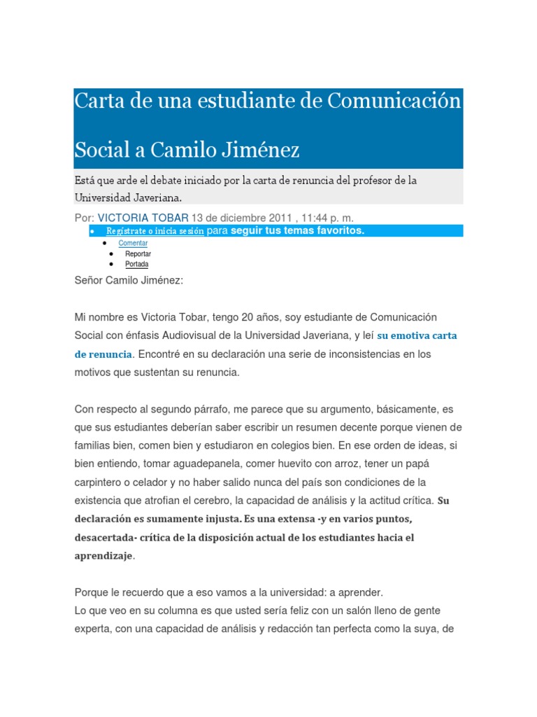 Carta de Una Estudiante de Comunicación Social A Camilo Jiménez | PDF