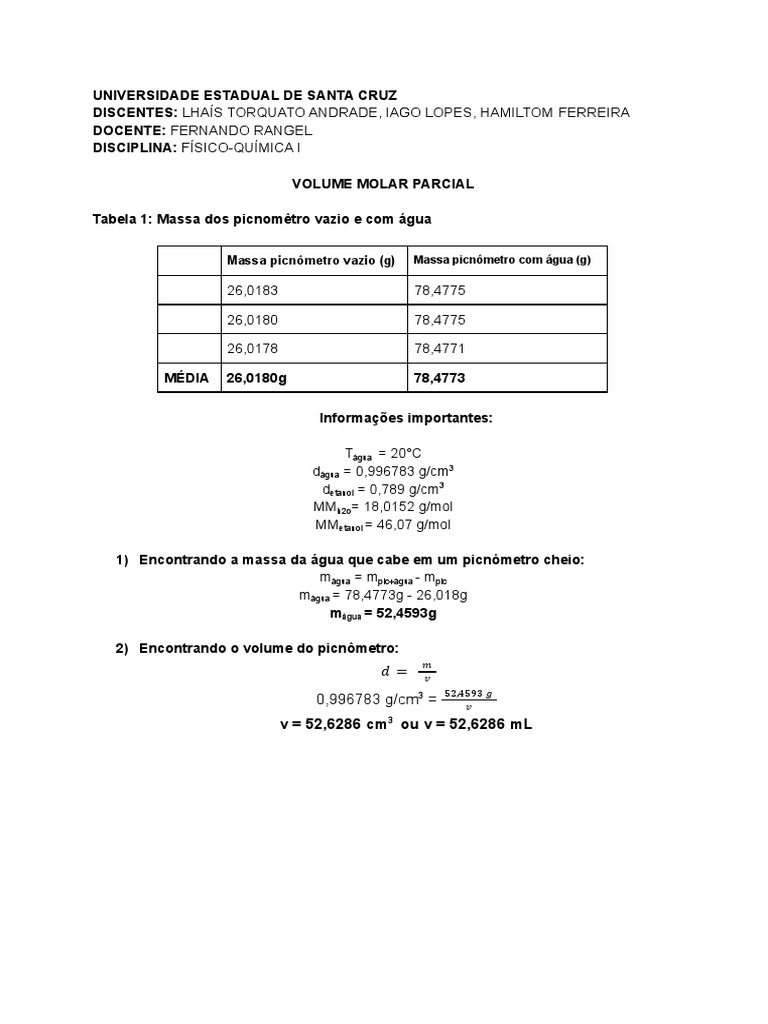Volume Parcial Molar | PDF | Massa | Misturas químicas homogêneas