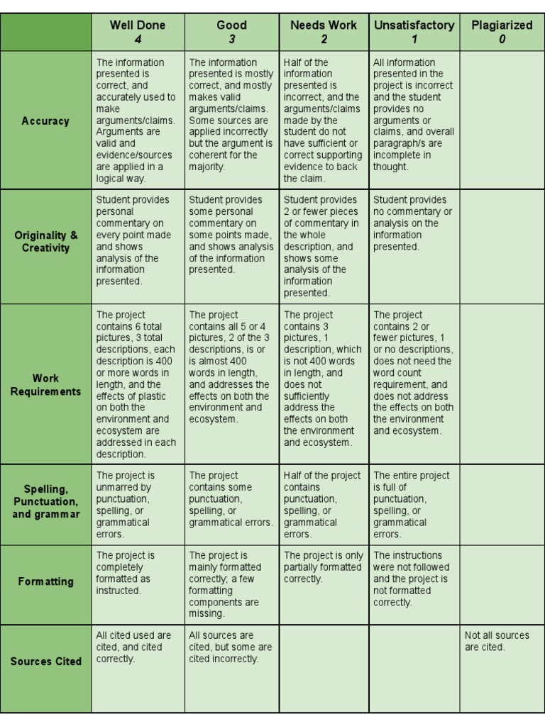 Plastic Pollution Webquery Project Rubric | PDF | Grammar | Argument