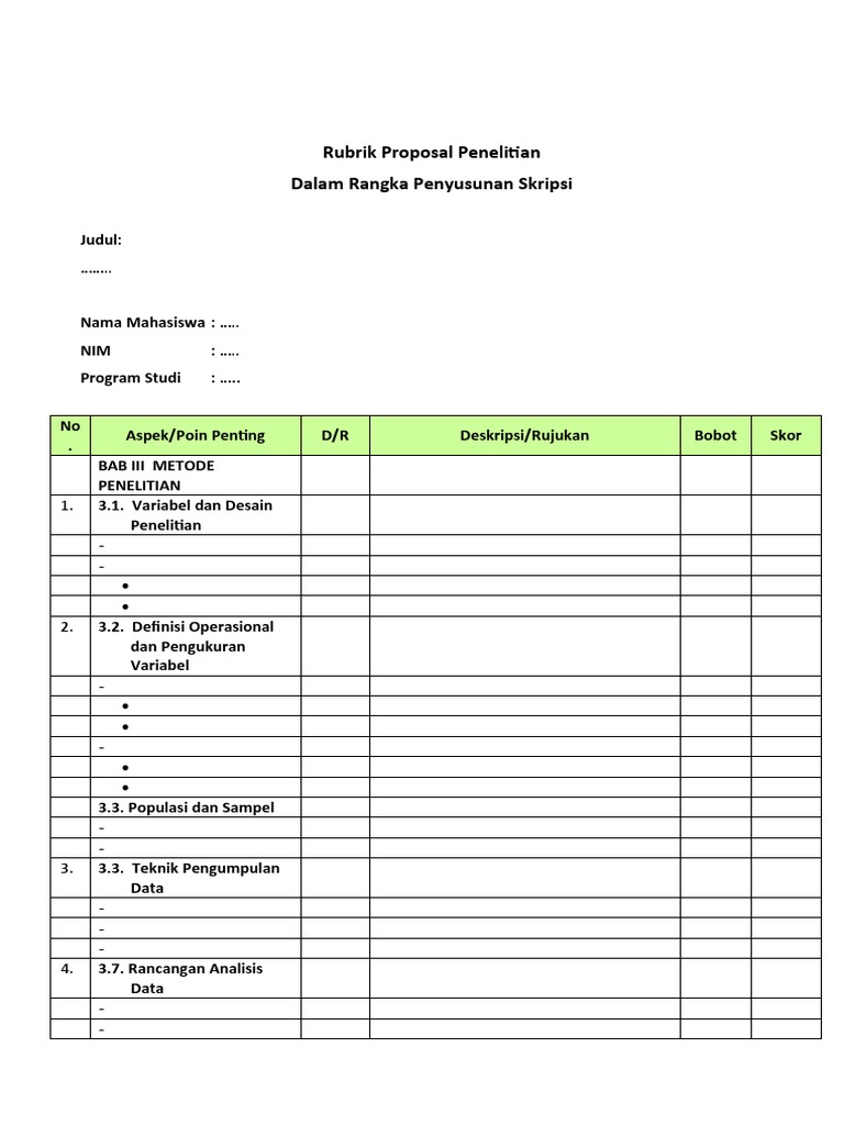 Form 3 Rubrik Proposal Penelitian Skripsi_BAB 3 METODE PENELITIAN | PDF