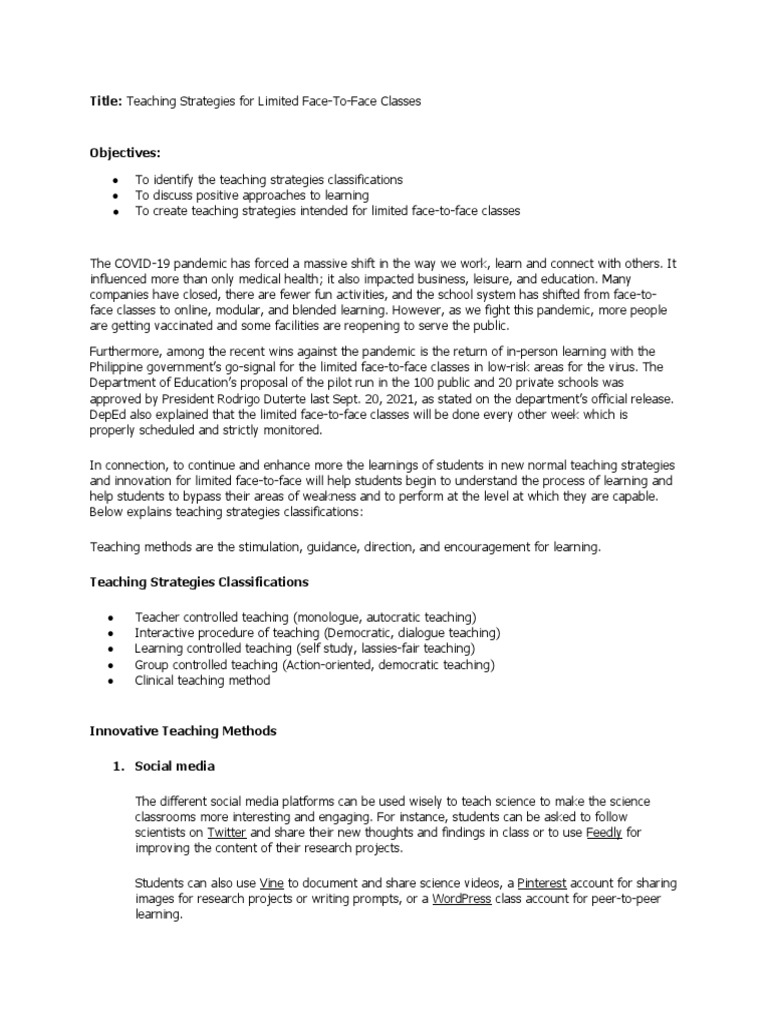 Teaching Strategies For Limited Face To Face Classes Pdf Learning
