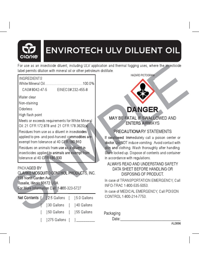 AL0896 Envirotech ULV Diluent Oil - SAMPLE - Label | PDF | Chemistry | Safety