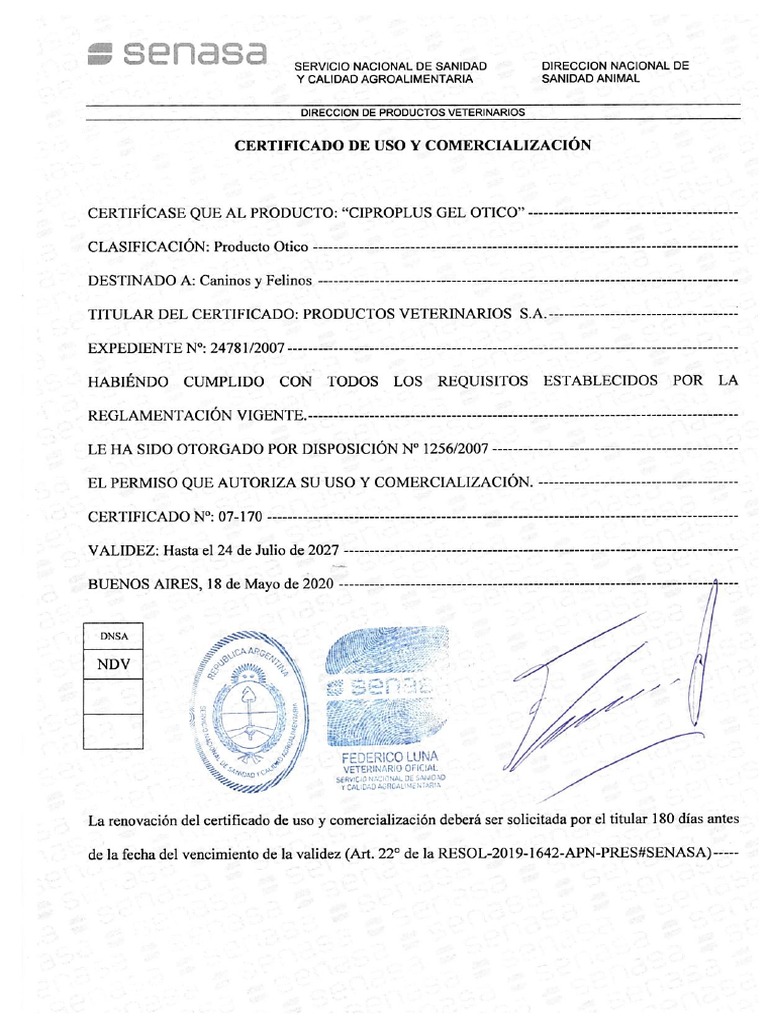 Certificado Ciproplus Gel Otico | PDF