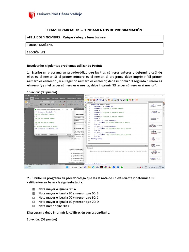 Examen Parcial 01 FP UCV - Tagged | PDF | Entero | Algoritmos