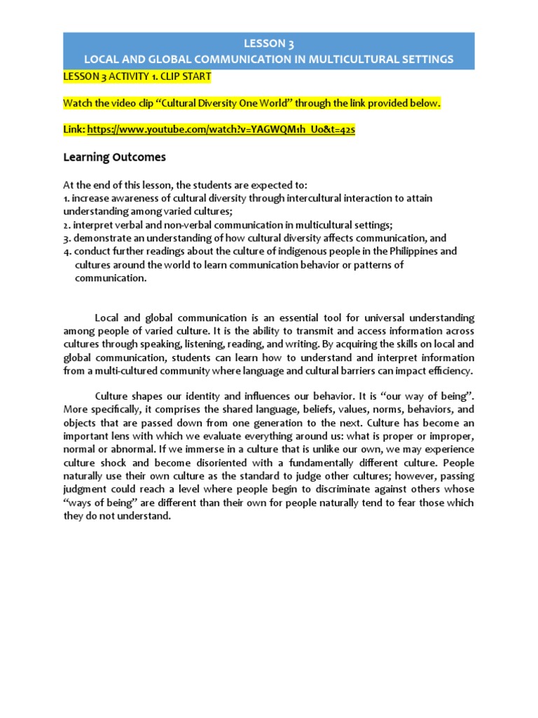 Lesson 3 Local and Global Communication in Multicultural Settings | PDF | Communication ...
