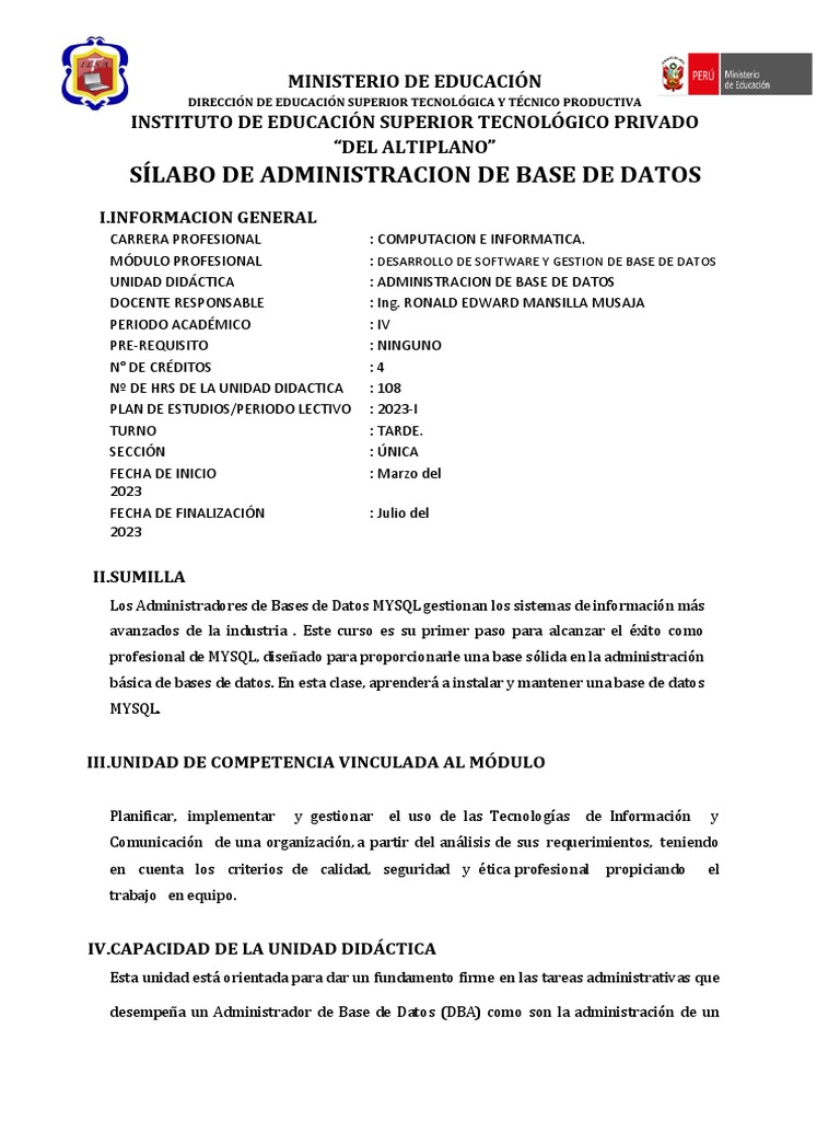 Silabo de Administracion de Base de Datos - 2023-I - Ronald - Mansilla | PDF | Bases de datos ...