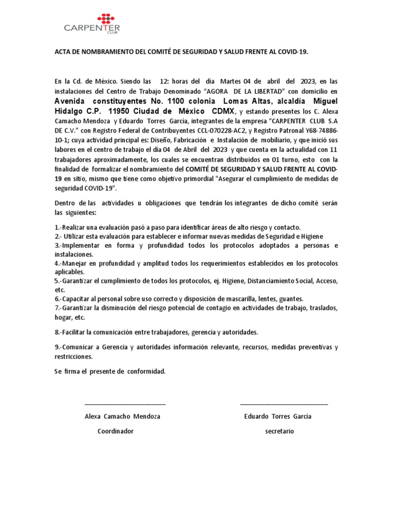 Acta de Nombramiento Del Comité de Seguridad y Salud Frente Al Covid | PDF