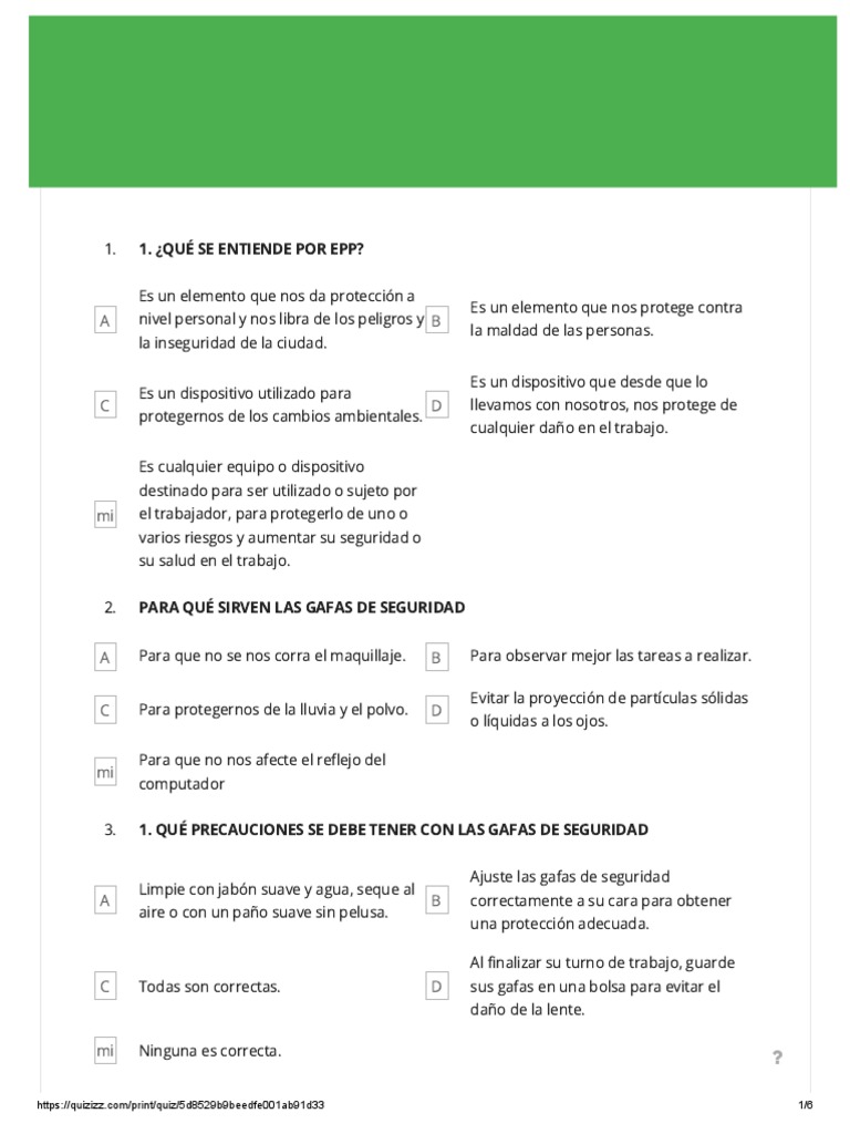 Elementos de Proteccion Personal CUESTIONARIO OK | PDF
