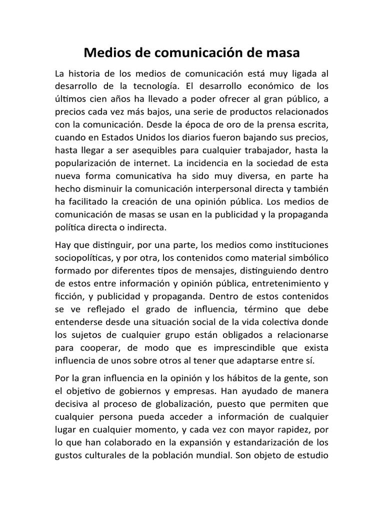 Medios de Comunicación de Masa | PDF | Medios de comunicación en masa | Internet