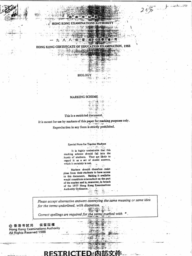 1988 Biology Paper I Marking Scheme | PDF