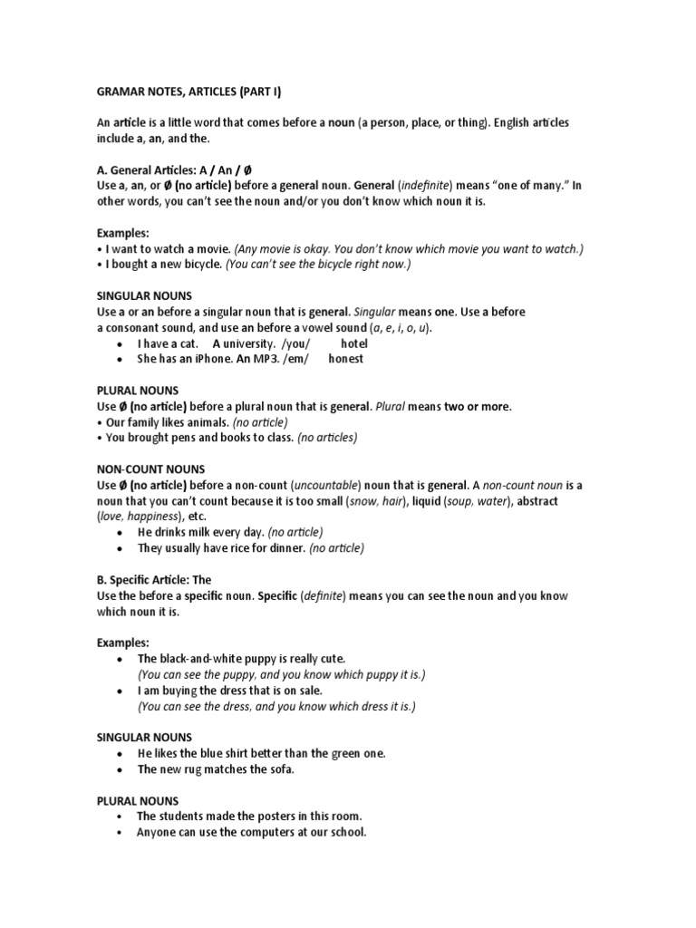 ESL - Grammar Notes, Articles 1 | PDF | Noun | Grammatical Number
