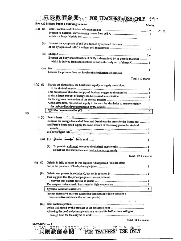 1999 Biology Paper I Marking Scheme | PDF | Chemistry | Biology