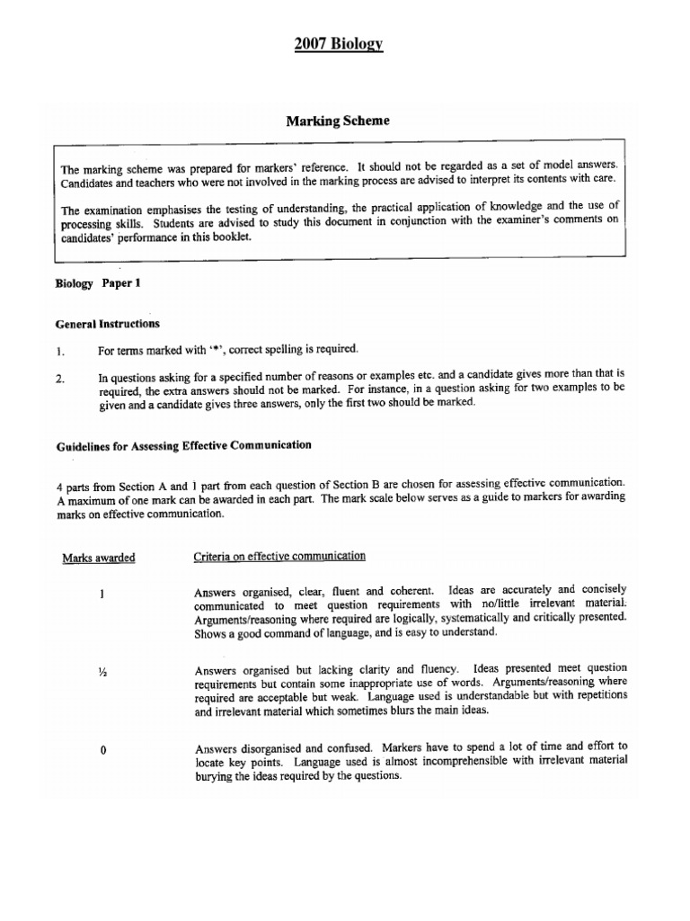 2007 Biology Paper I Marking Scheme | PDF