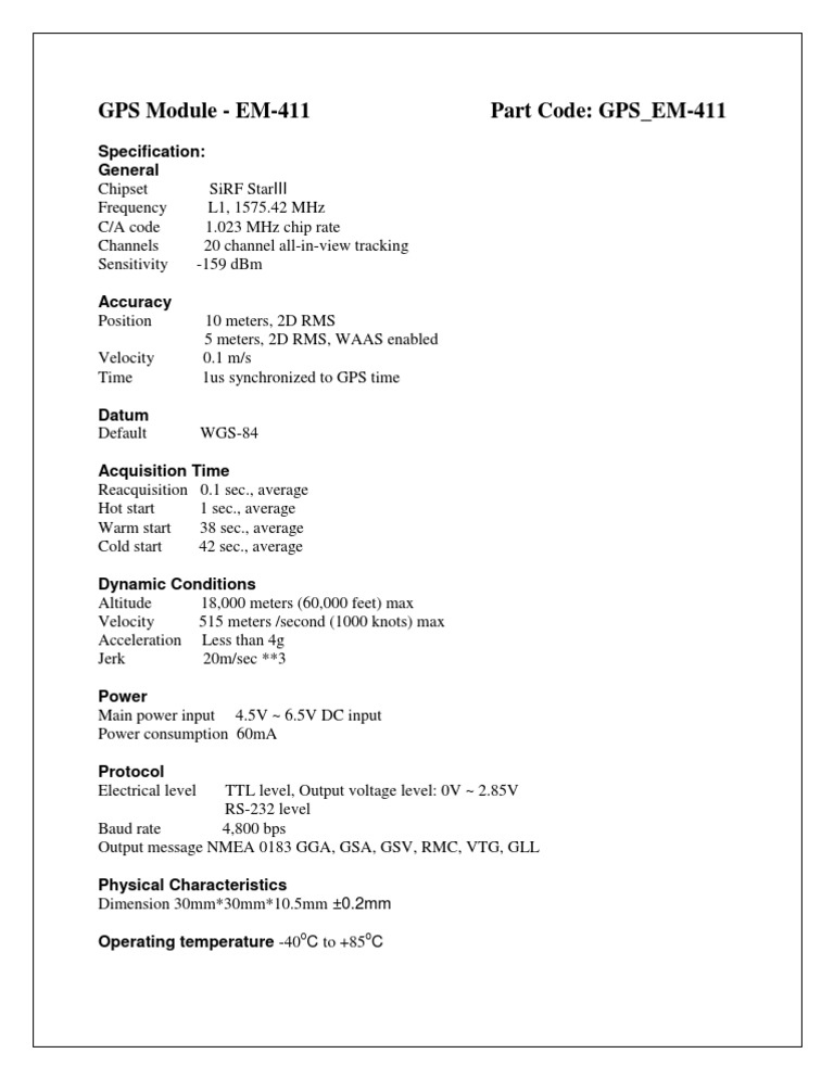Gps Module - Em-411 Part Code: Gps - Em-411 | PDF