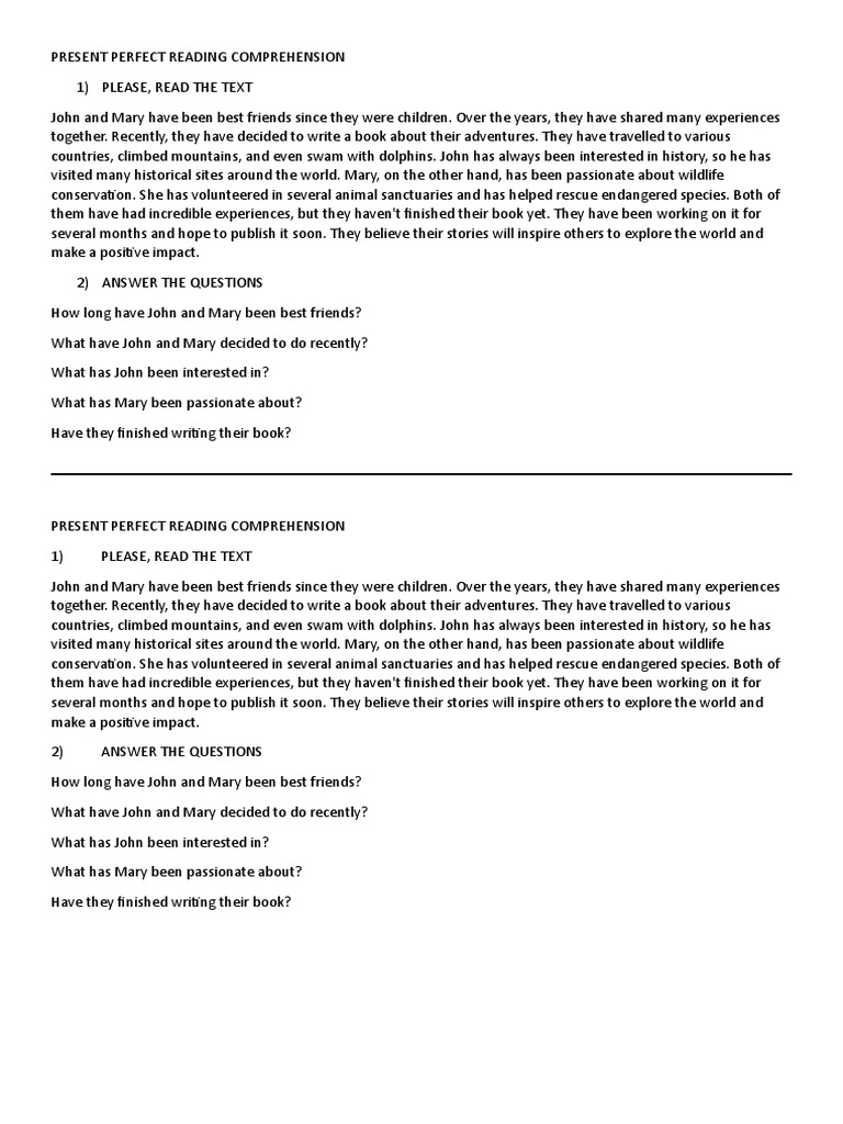 Present Perfect Reading Comprehension | PDF