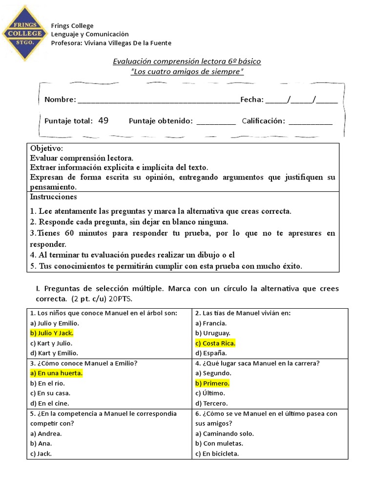 Evaluación: "Los cuatro amigos de siempre" | PDF