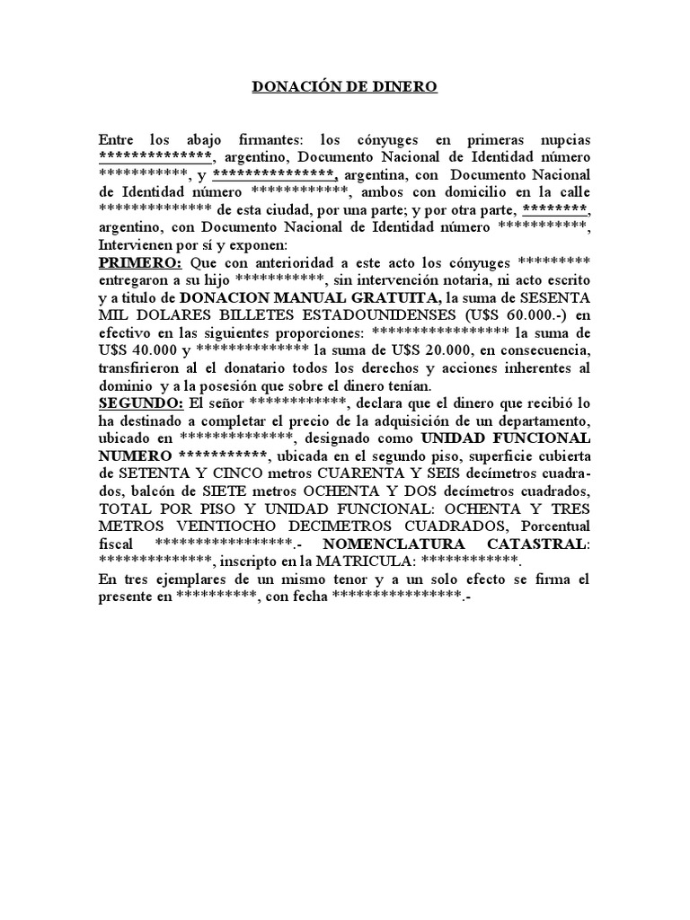 Donación de Dinero Por Instrumento Privado | PDF