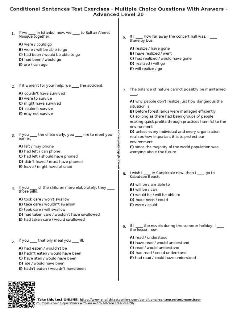 519 Conditional Sentences Test Exercises Multiple Choice Questions With Answers Advanced Level